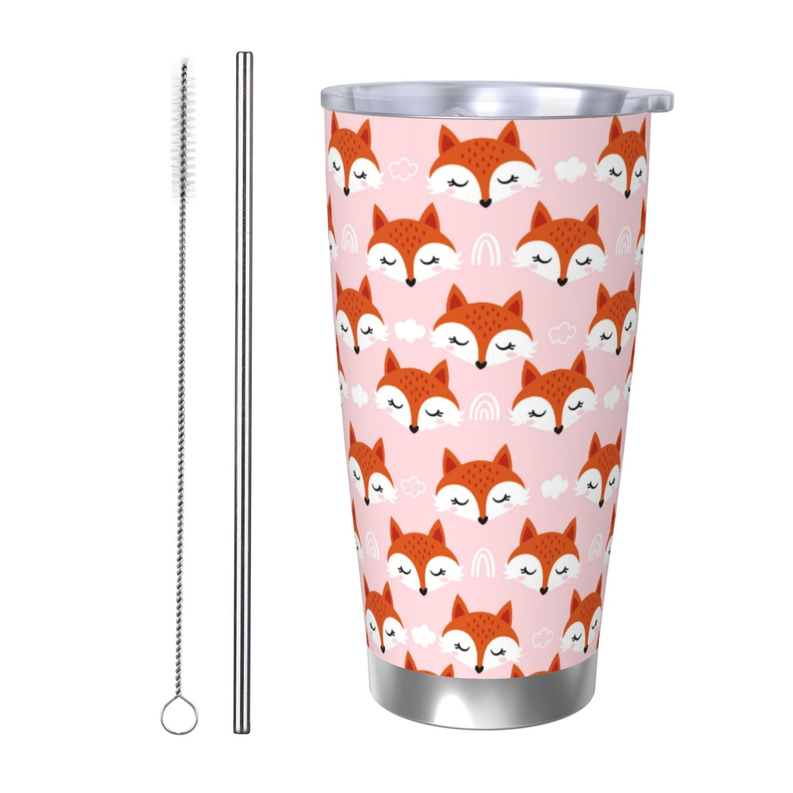 Daiia cute fox pink Printed 20oz Insulated Coffee Cup with Straw Topper ...