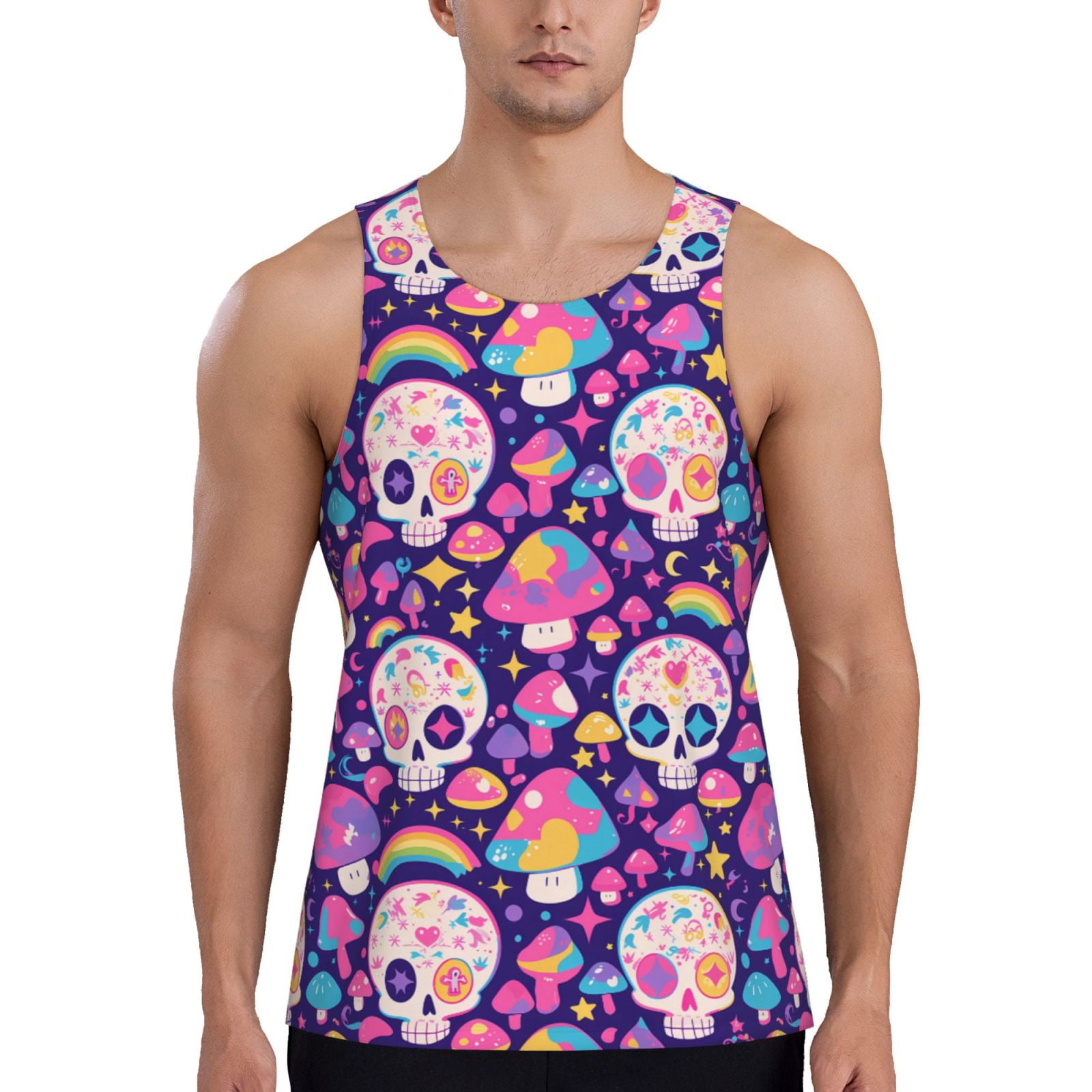 Daiia cute rainbow mushroom Skull Printed Men's Quick Dry Fit Muscle ...