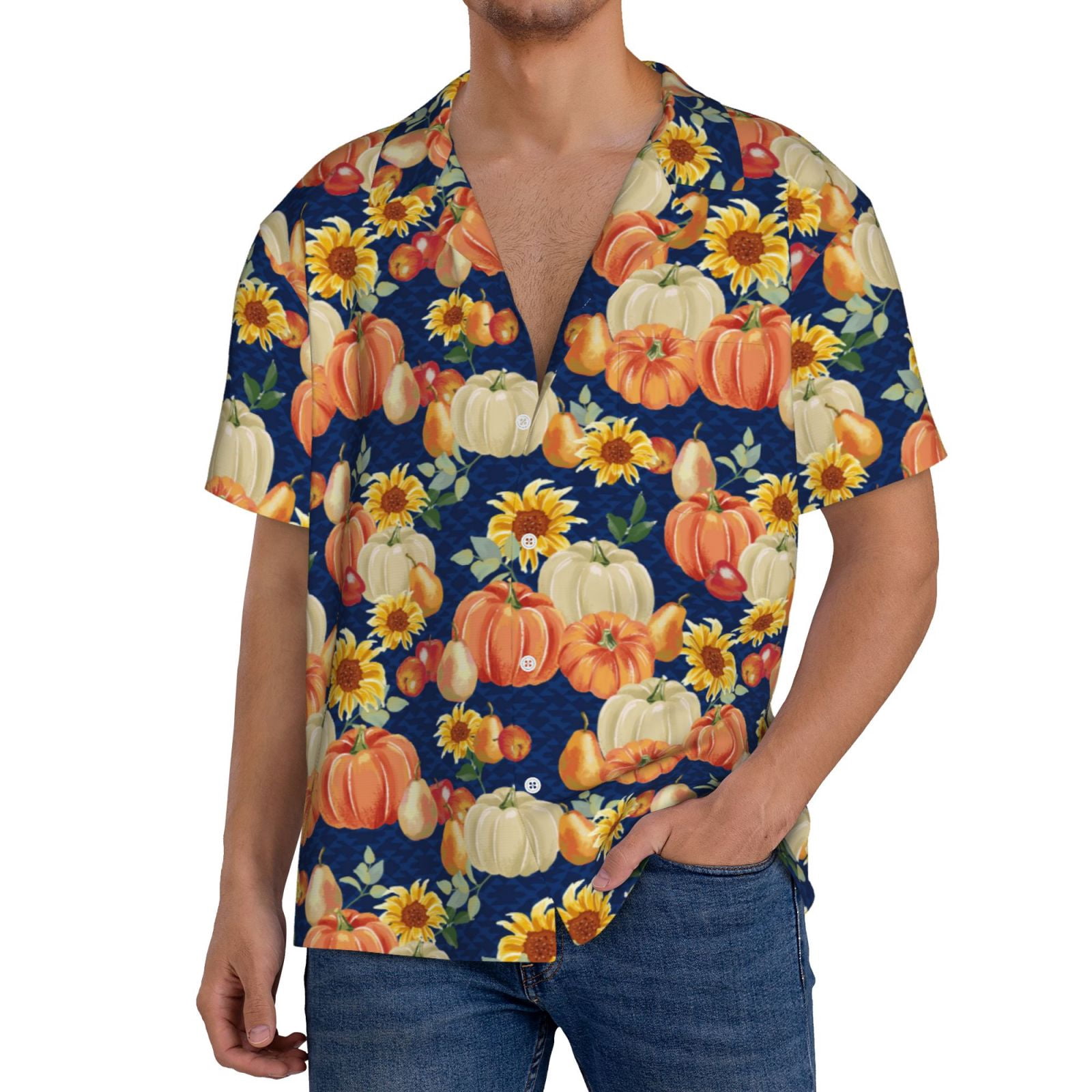 Daiia fall Pumpkin Daisy Men's Linen Shirts Short Sleeve Casual Shirts ...