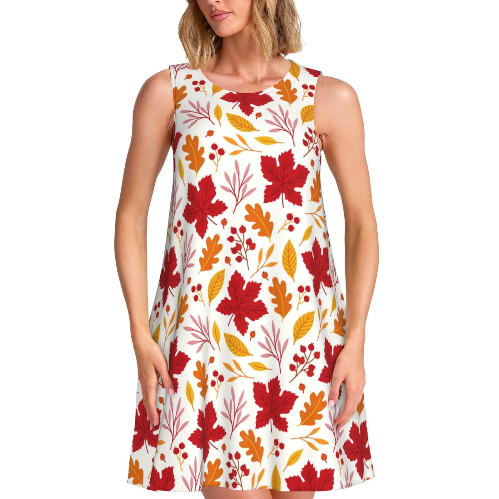 Daiia fall laef Maple Print Women's Dresses 2025 Trendy Short sleeve Dresses Casual Baggy Flowy ...