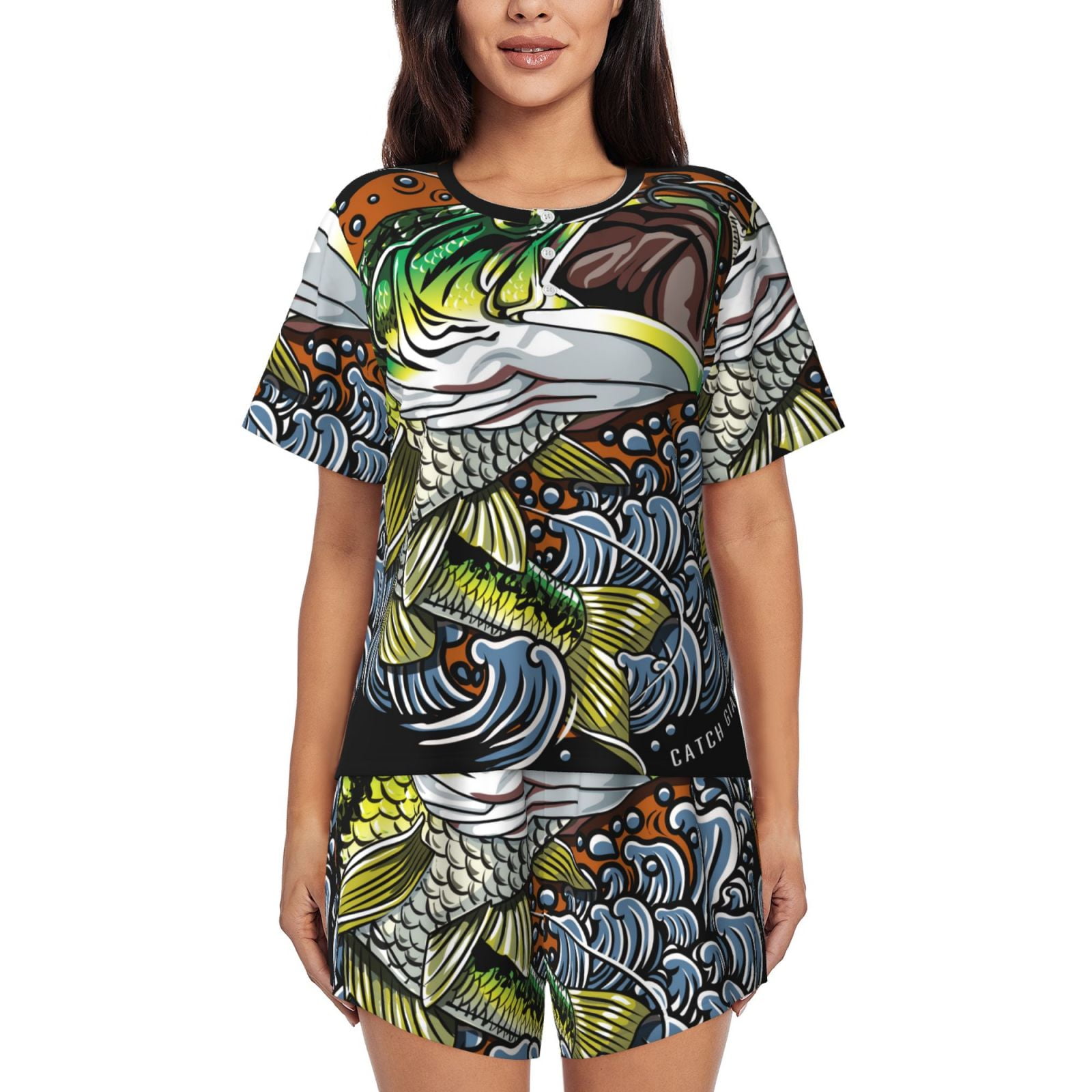 Daiia fishing bass Pattern Womens Pajama Sets Short Sleeve Pajamas for ...