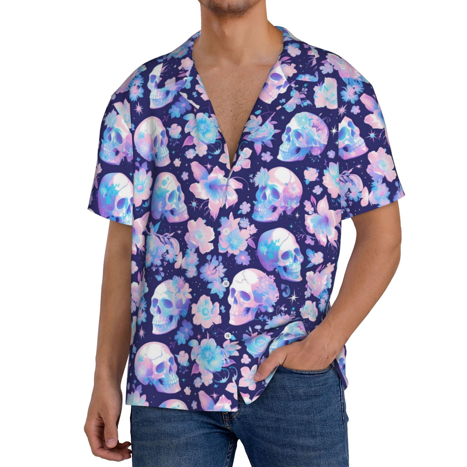 Daiia flower Skull starry sky Men's Linen Shirts Short Sleeve Casual ...