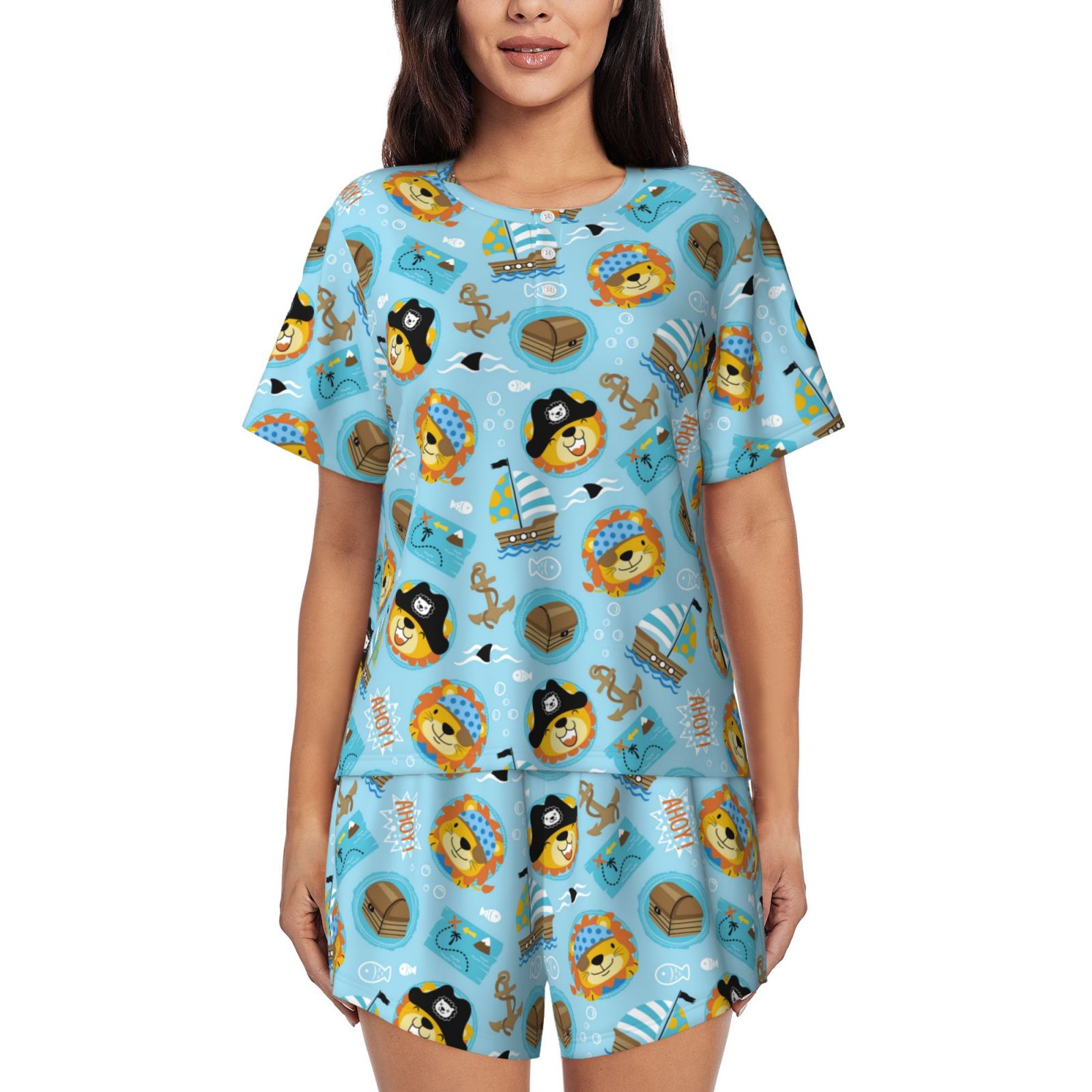 Daiia funny lion in pirate Pattern Womens Pajama Sets Short Sleeve ...