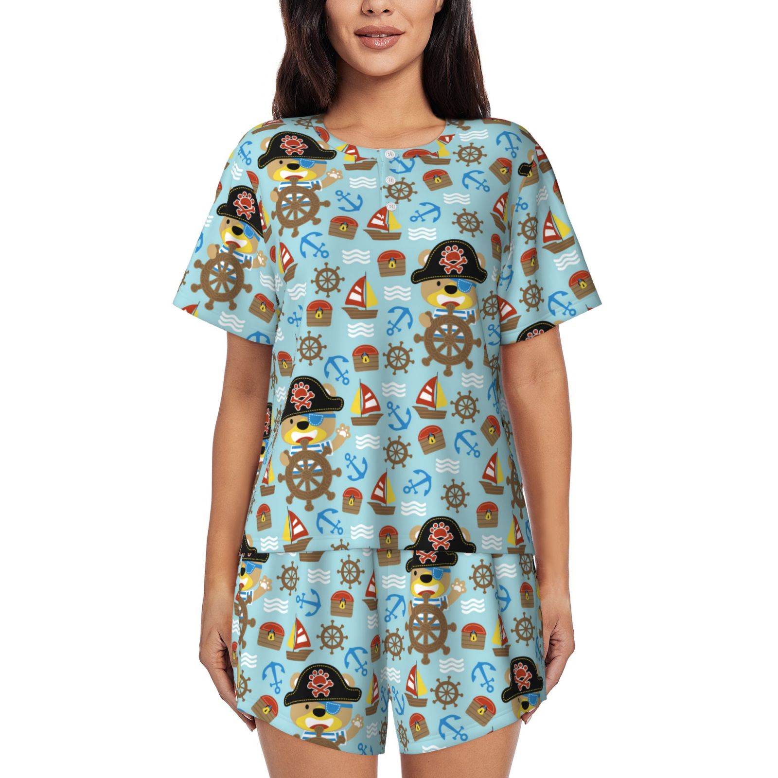 Daiia funny pirate Pattern Womens Pajama Sets Short Sleeve Pajamas for ...