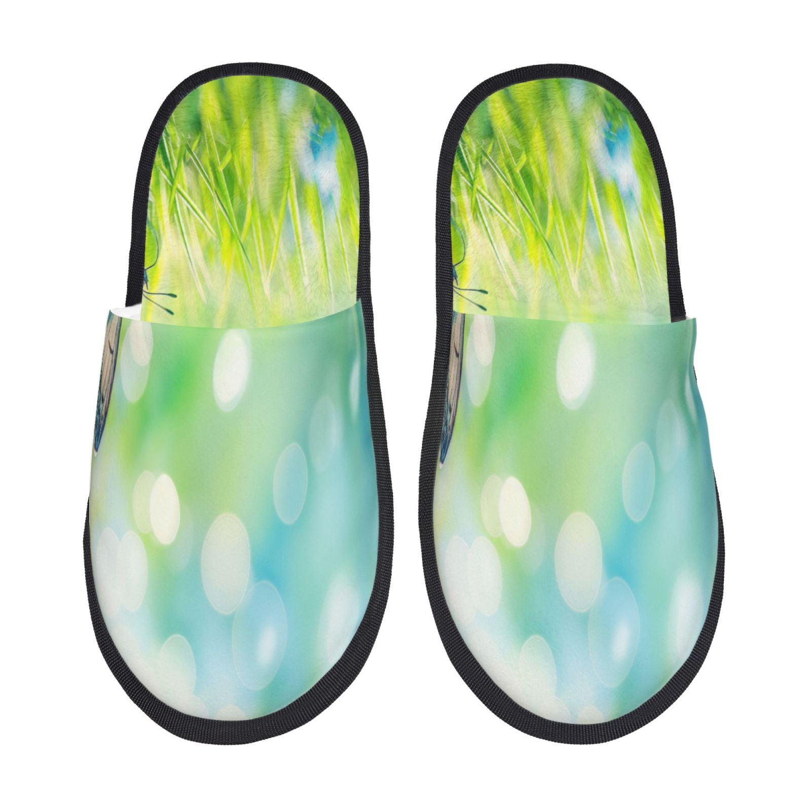 Daiia green grass and butterfly Pattern Furry Slippers for Women and ...