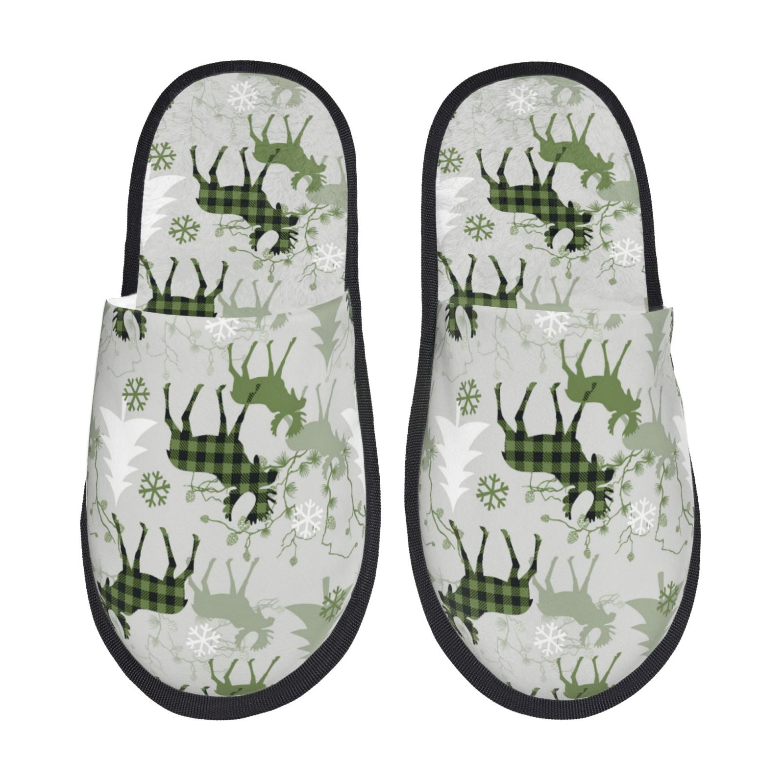 Daiia green plaid Moose tree Pattern Furry Slippers for Women and Men ...