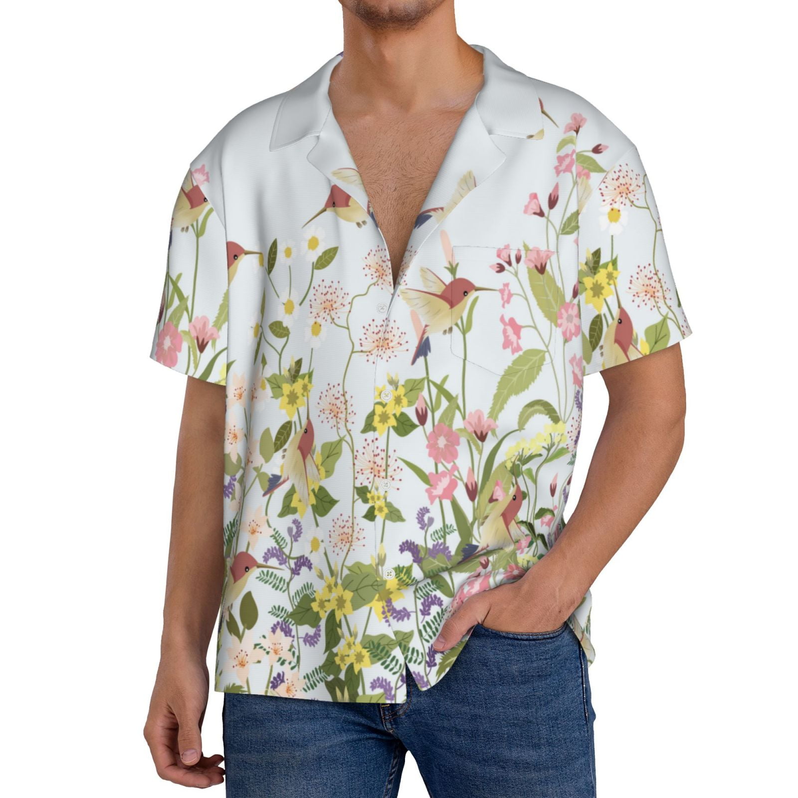 Daiia hummingbird in floral Pattern Men's Linen Shirts Short Sleeve ...