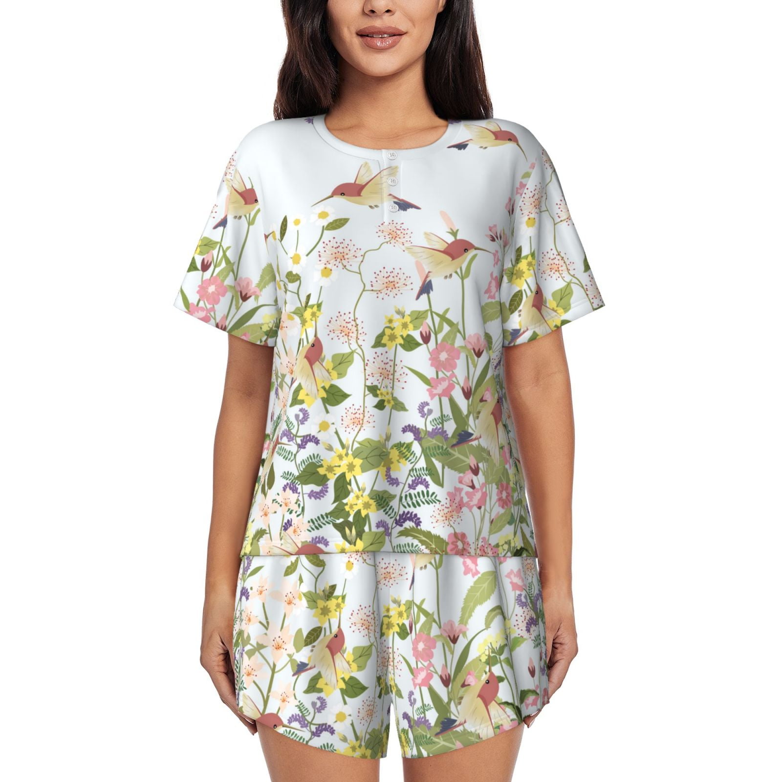 Daiia hummingbird in floral Pattern Womens Pajama Sets Short Sleeve ...