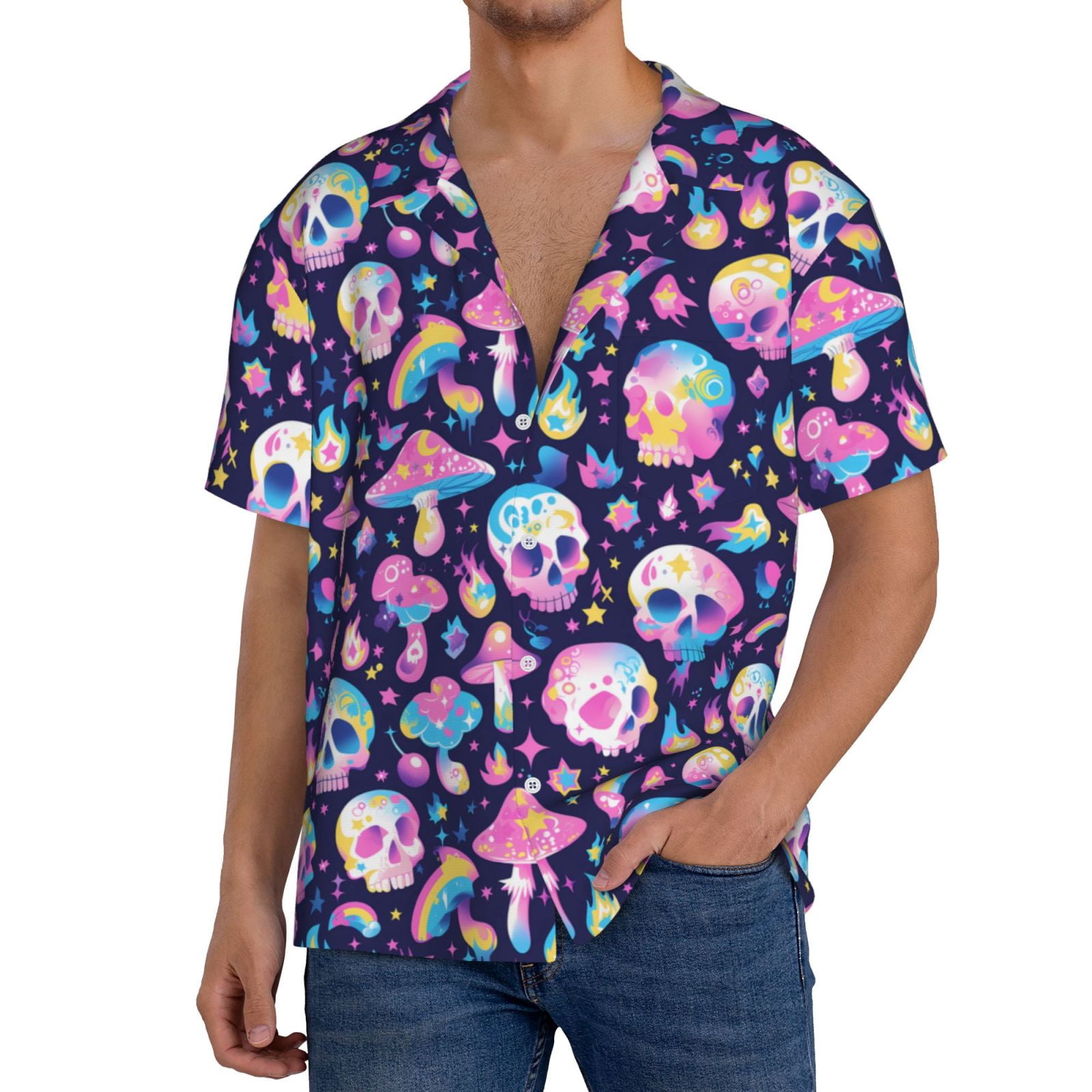 Daiia mushroom colorful Skull star Men's Linen Shirts Short Sleeve ...