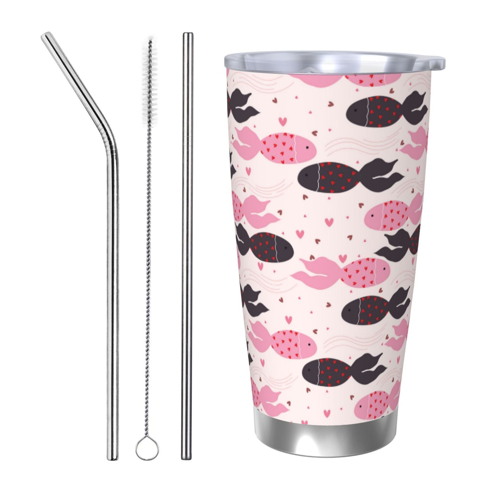 Daiia pink fish hearts Printed 20oz Insulated Coffee Cup with Straw ...