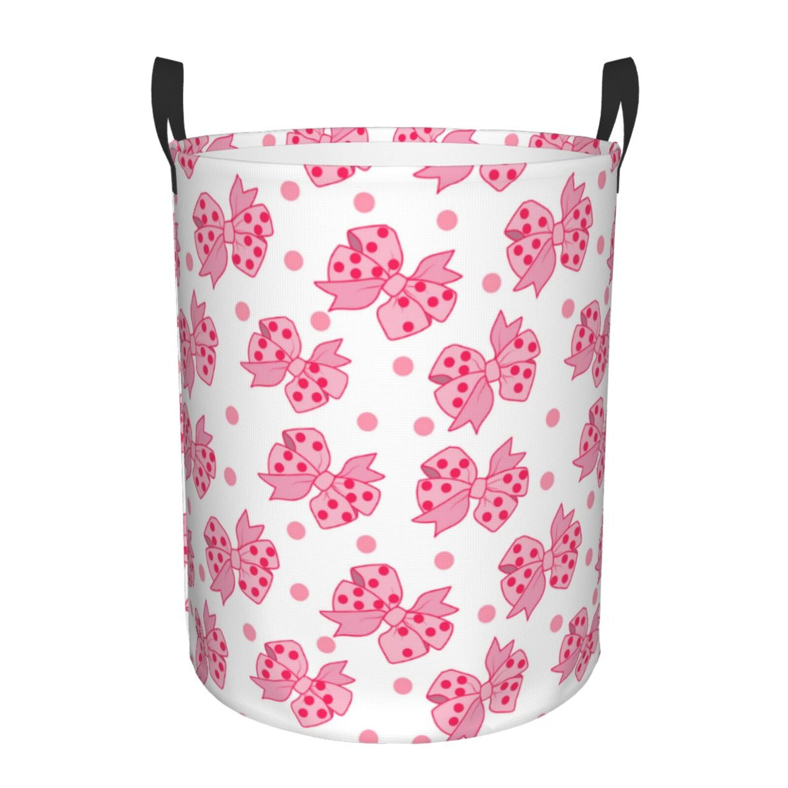 Daiia pink polka dot bows Pattern Round Laundry Basket with Handles ...