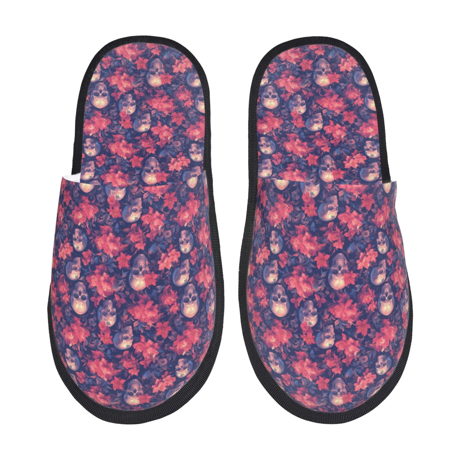 Daiia red Skull flower Pattern Furry Slippers for Women and Men, Soft ...