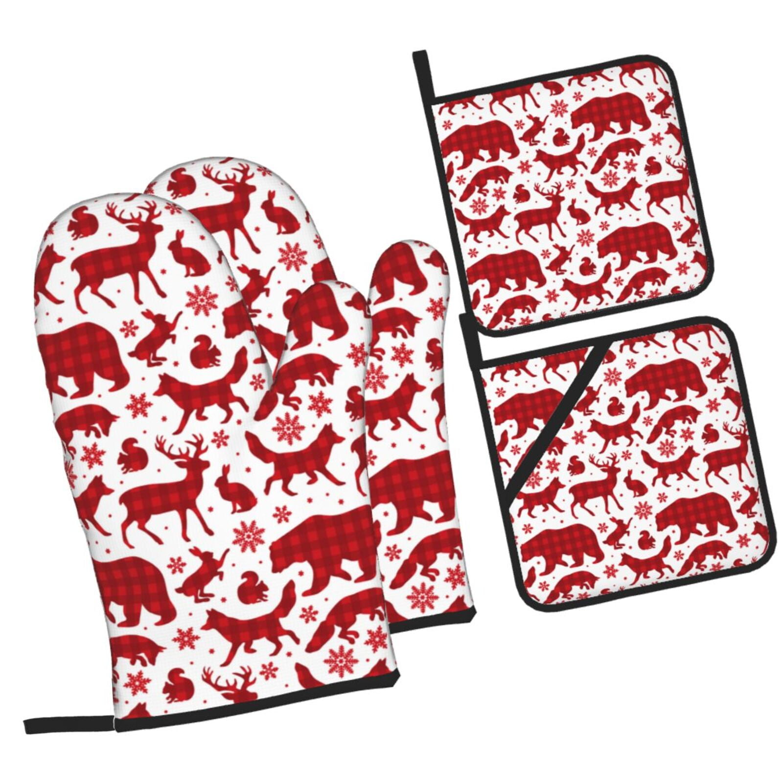 Daiia red plaid Moose Bunny bear Pattern Oven Mitts and Pot Holders 4 ...