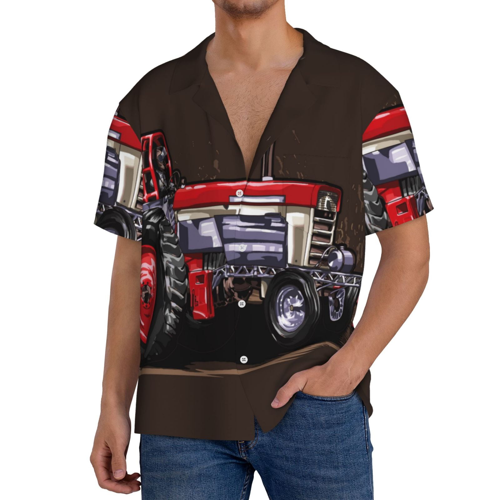 Daiia red tractor Pattern Men's Linen Shirts Short Sleeve Casual Shirts ...