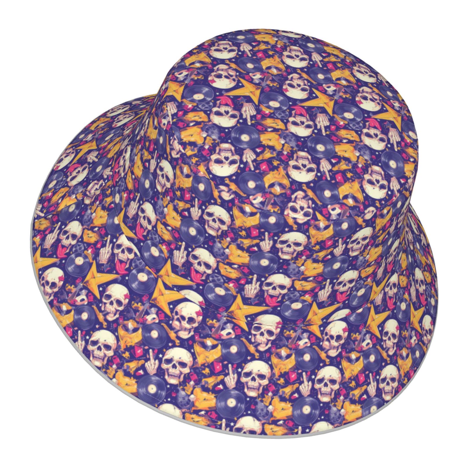 Daiia rock Skull record Pattern Bucket Hat - Trendy Cotton Sun Hat for ...
