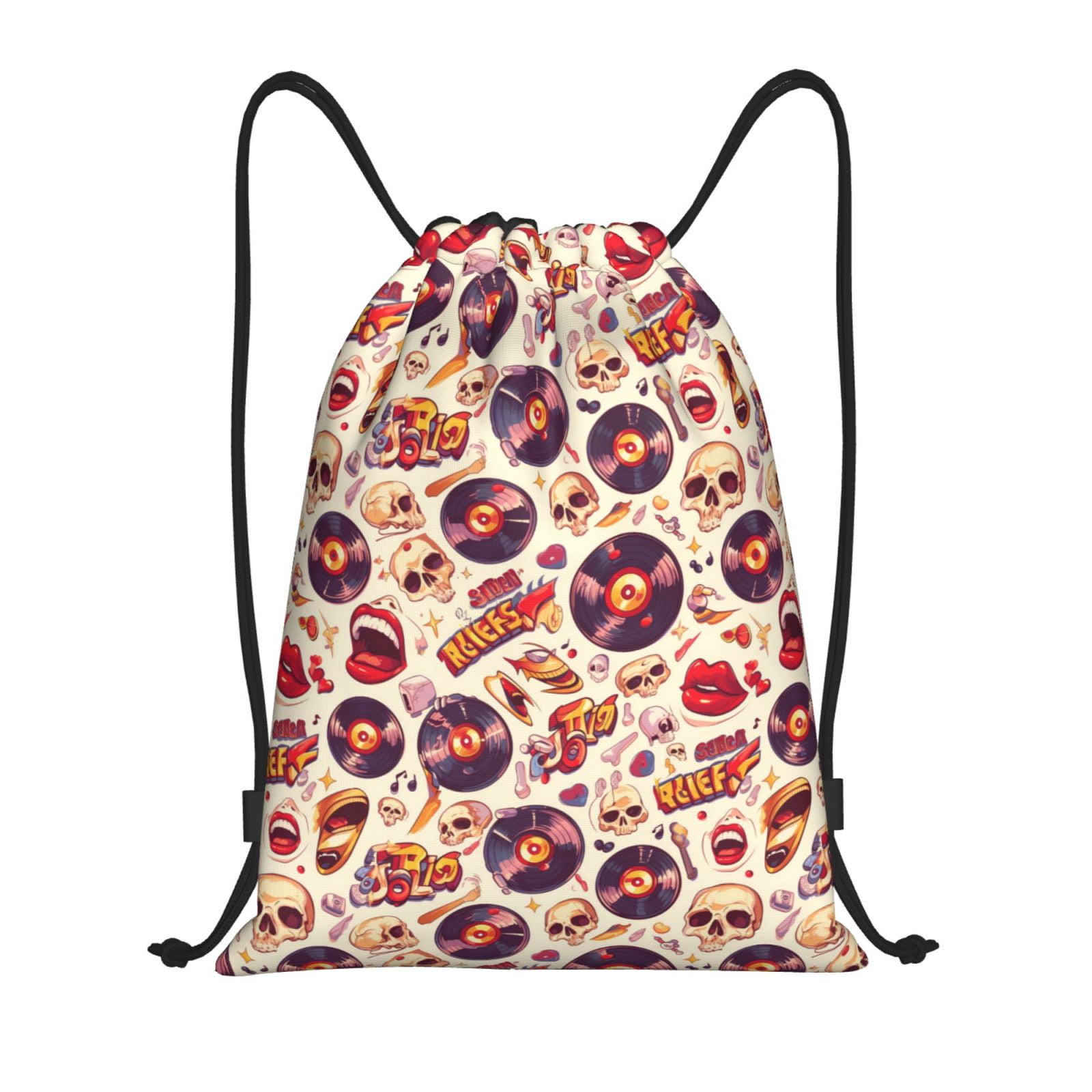 Daiia rock music Skull record Pattern Drawstring Backpack, Gym Bag ...