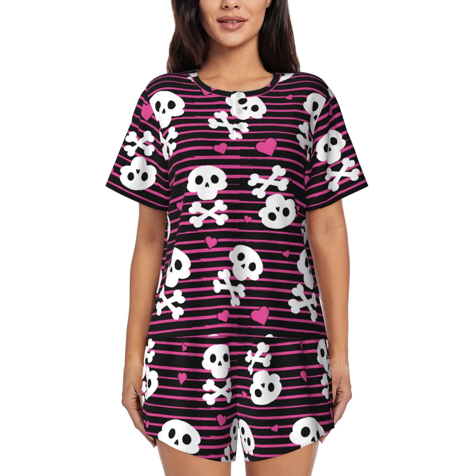 Daiia skull with hearts Pattern Womens Pajama Sets Short Sleeve Pajamas ...