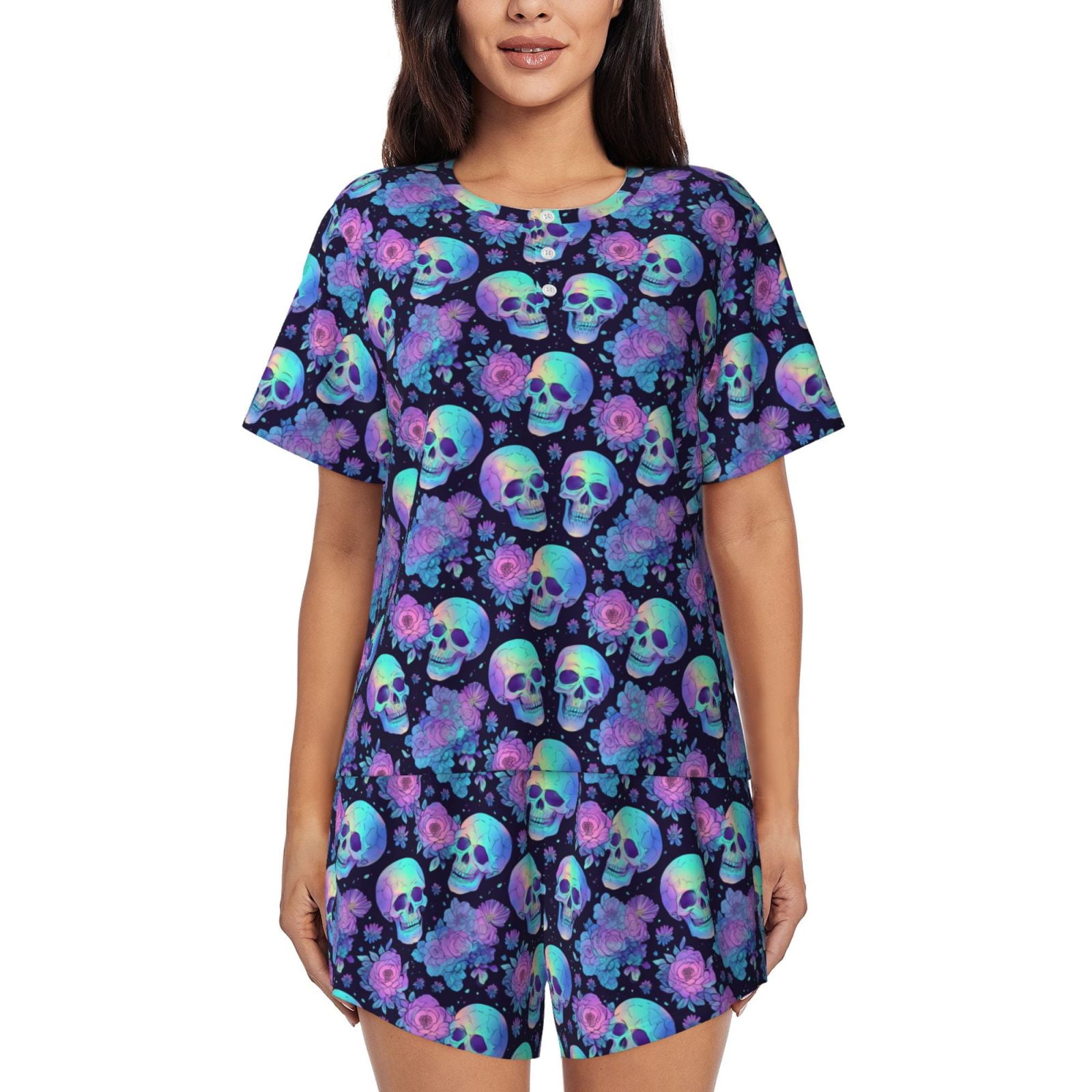 Daiia starry sky Skull flower Pattern Womens Pajama Sets Short Sleeve ...