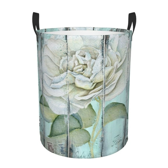 Daiia Small White Flowers Round Laundry Basket with Handles Thickened ...