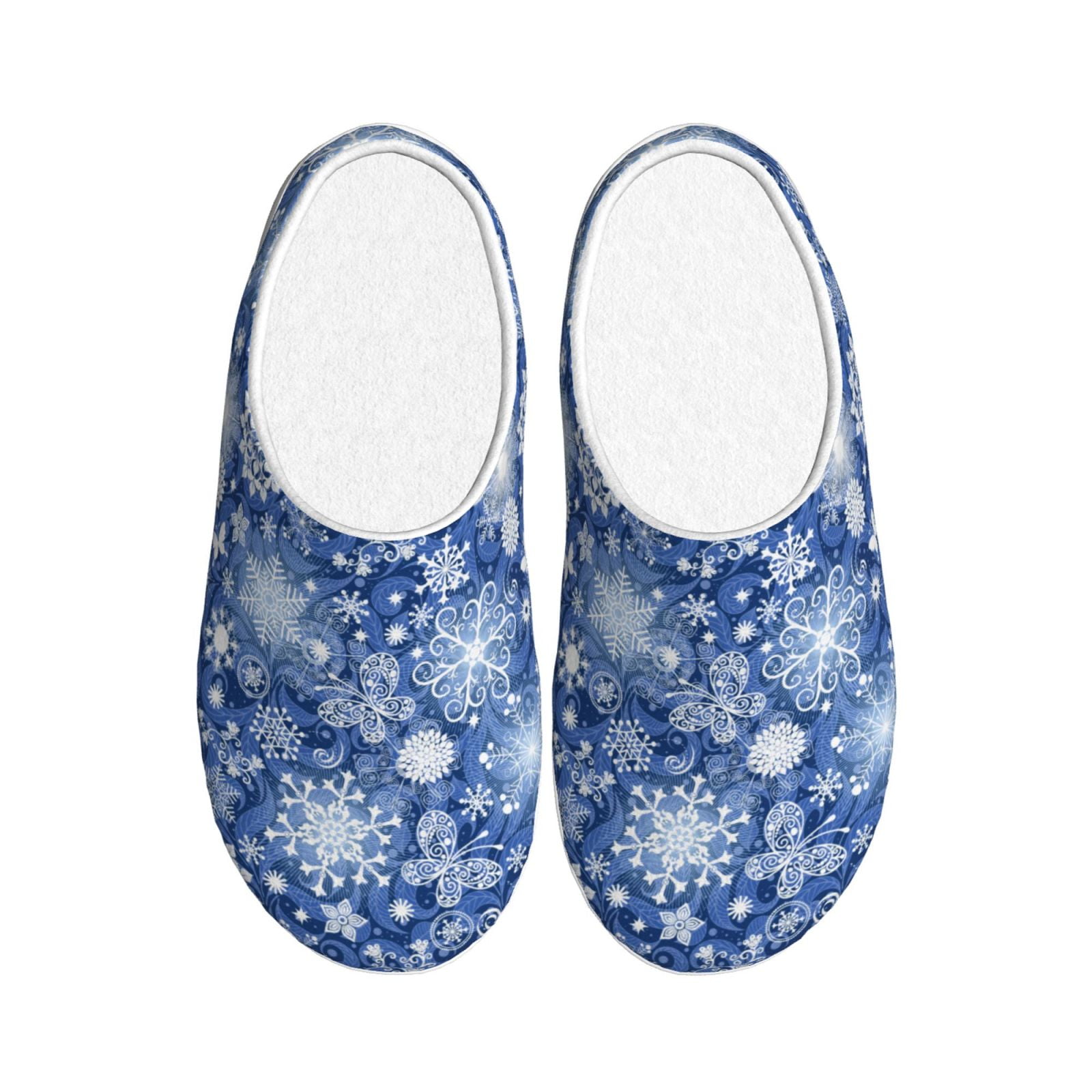 Daiia whiet Snowflake blue background Print Women’s Fuzzy Slippers ...