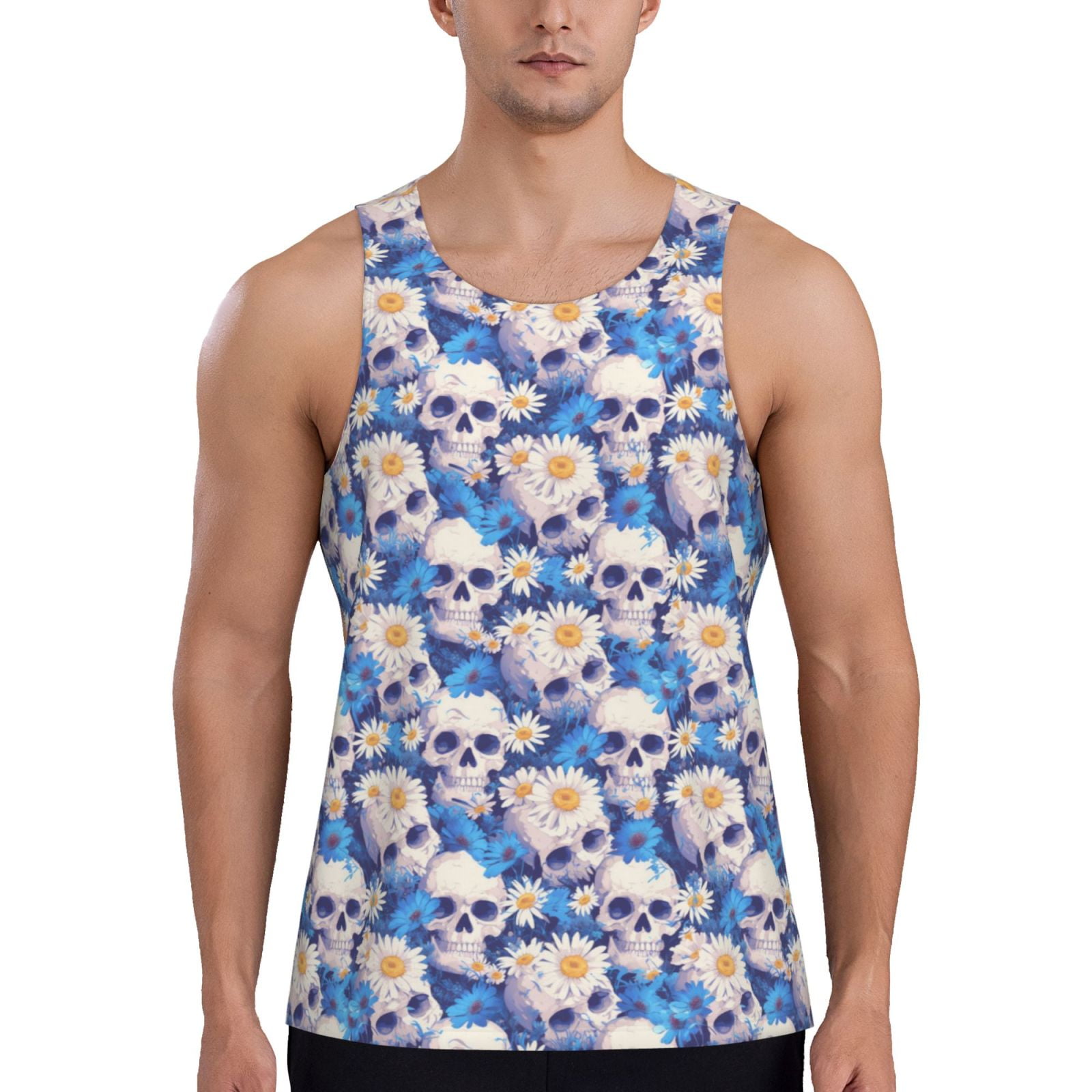 Daiia white Skull blue daisy Printed Men's Quick Dry Fit Muscle Tank ...