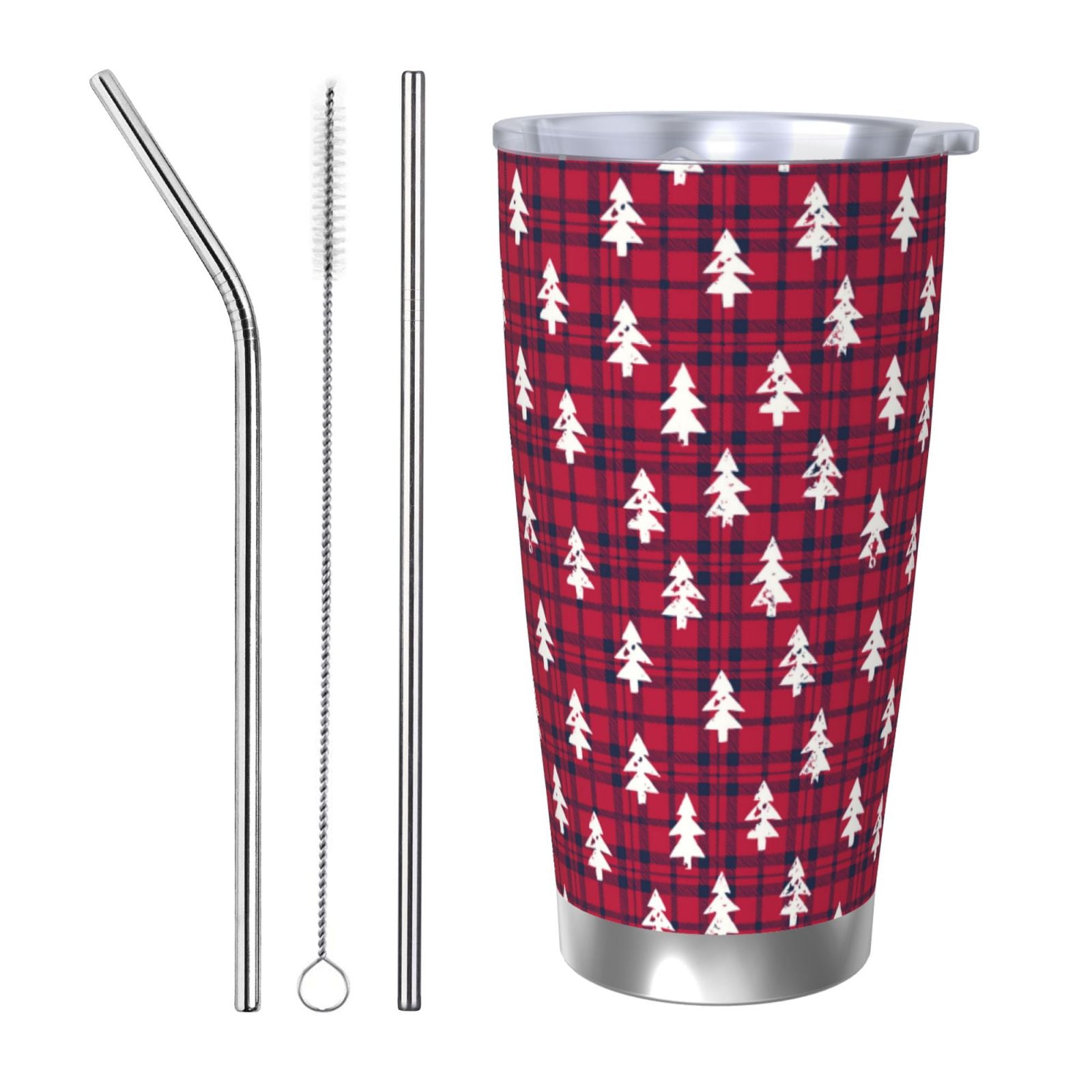 Daiia white Tree red plaid Printed 20oz Insulated Coffee Cup with Straw ...