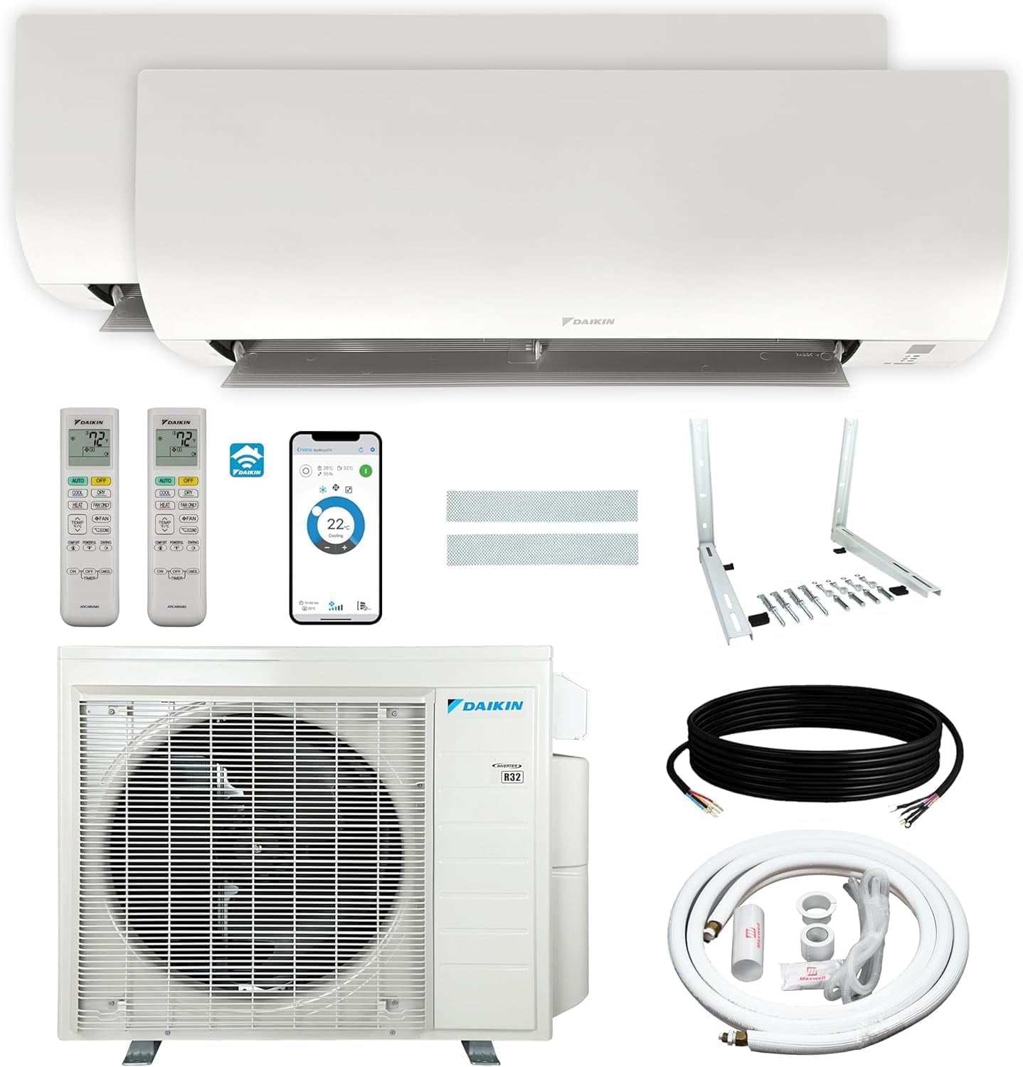 Daikin 18,000 BTU (9K + 12K) 21SEER2 2-Zone Mini Split Wi-Fi Enabled ...