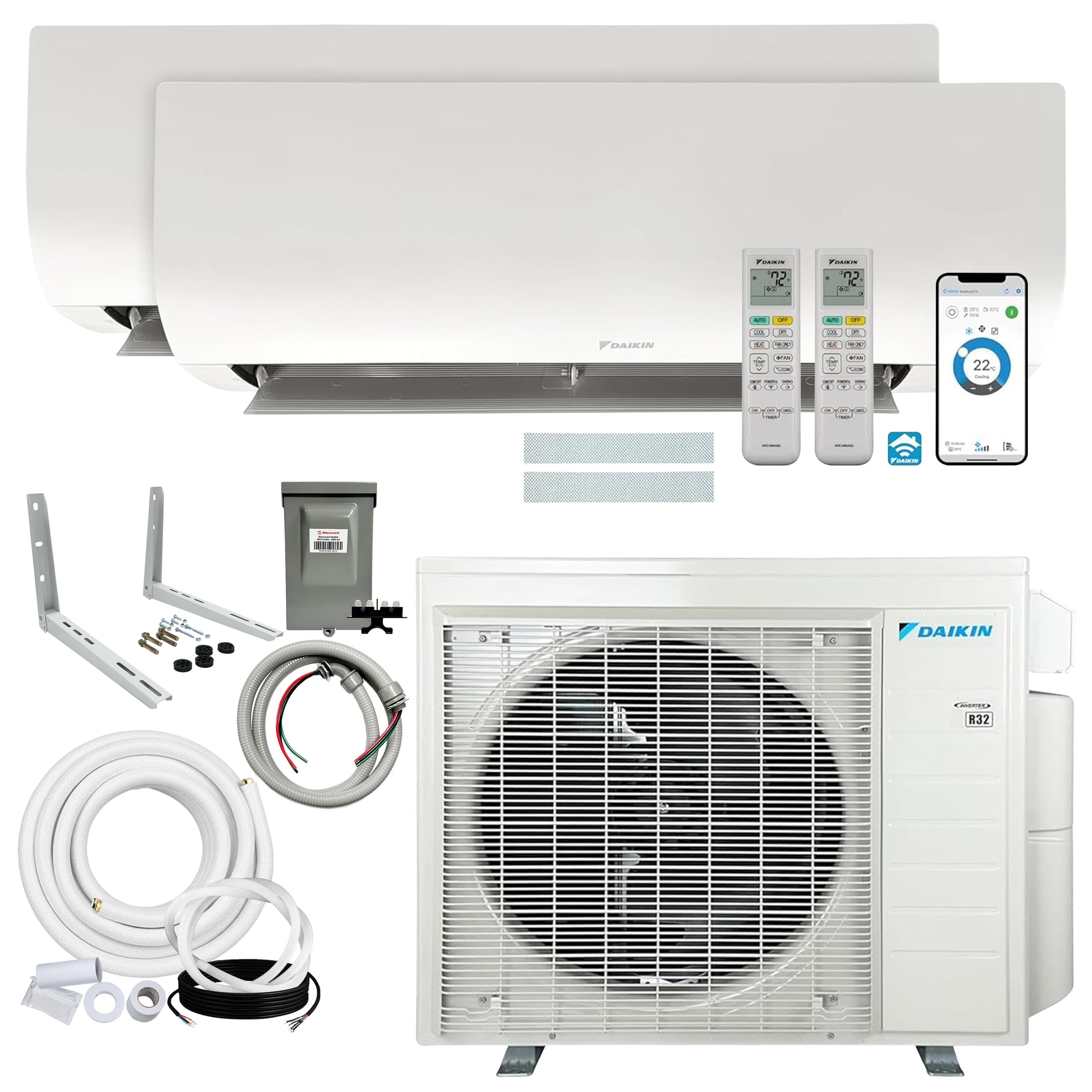 Daikin 18,000 BTU (9K + 12K) 21SEER2 2-Zone Mini Split Wi-Fi Enabled ...