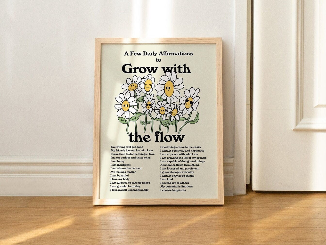 Daily Affirmations Wall Poster Retro Flowers Illustration Cute ...