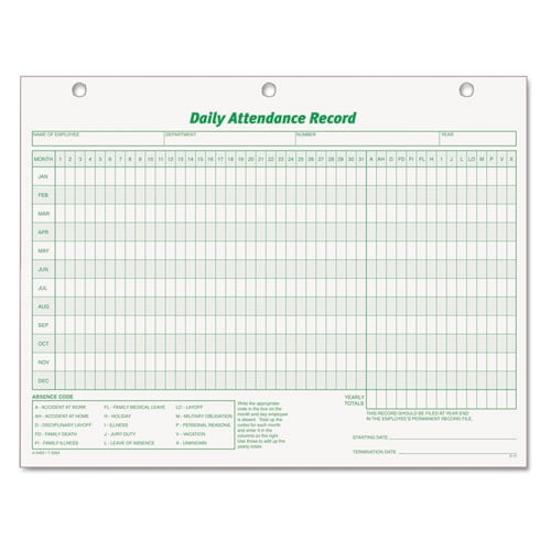 Daily Attendance Card, One-Part (No Copies), 11 x 8.5, 50 Forms Total ...