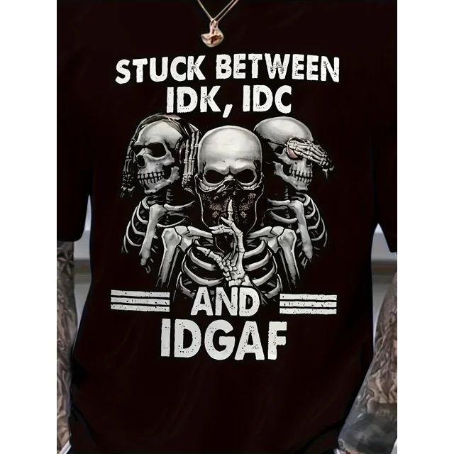 Daily Comfort] Men'S 3D Skull Pattern T-shirt - "STUCK BETWEEN IDK, IDC ...