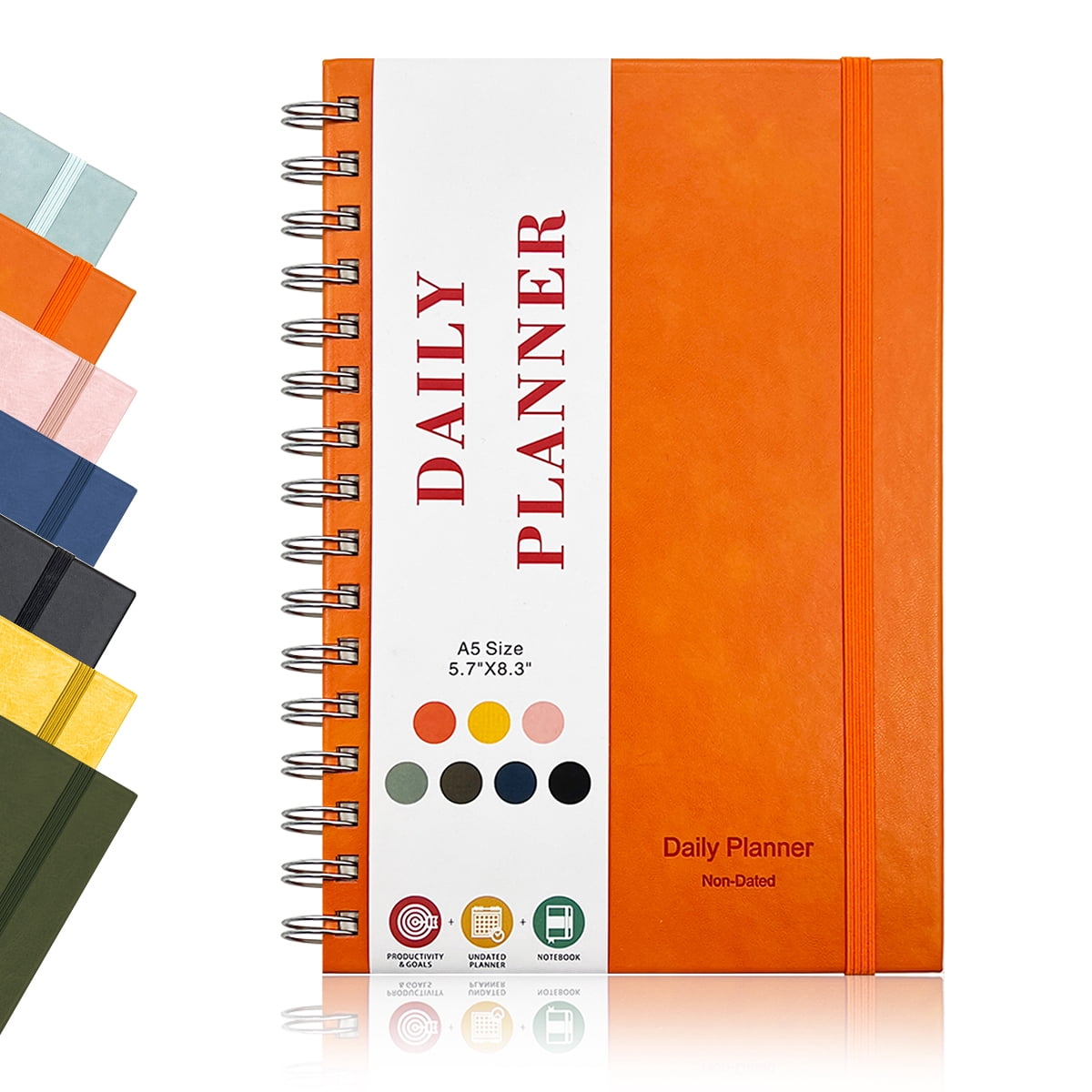 Daily Planner,5.5" x 8" Medium Daily Notebook,Spiral,Elastic Closure ...