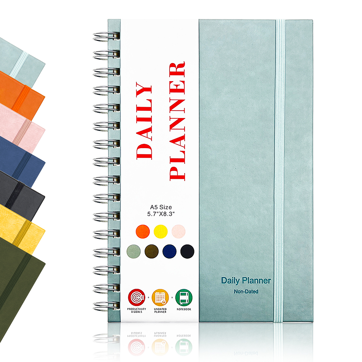 Daily Planner,5.5" x 8" Medium Daily Notebook,Spiral,Elastic Closure ...