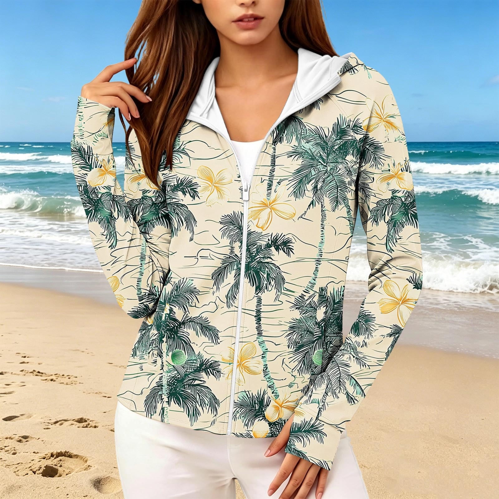 DailyTrove Women Full Zip Hooded Tropical Leaf Print Long Sleeve Sun ...