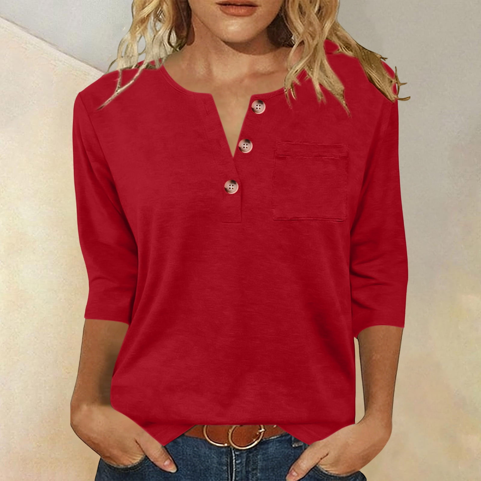 DailyTrove Women Plus Size Solid Color V-Neck 3/4 Sleeve Henley Casual ...