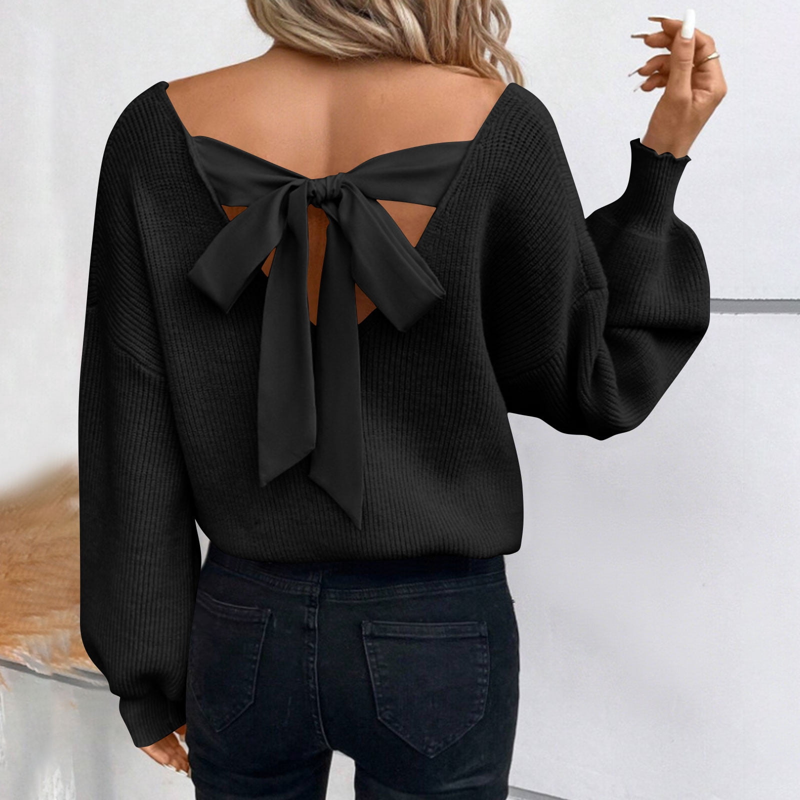 DailyTrove Women's Bow-Back V-Neck Sweater, Long Sleeve, Casual Night ...