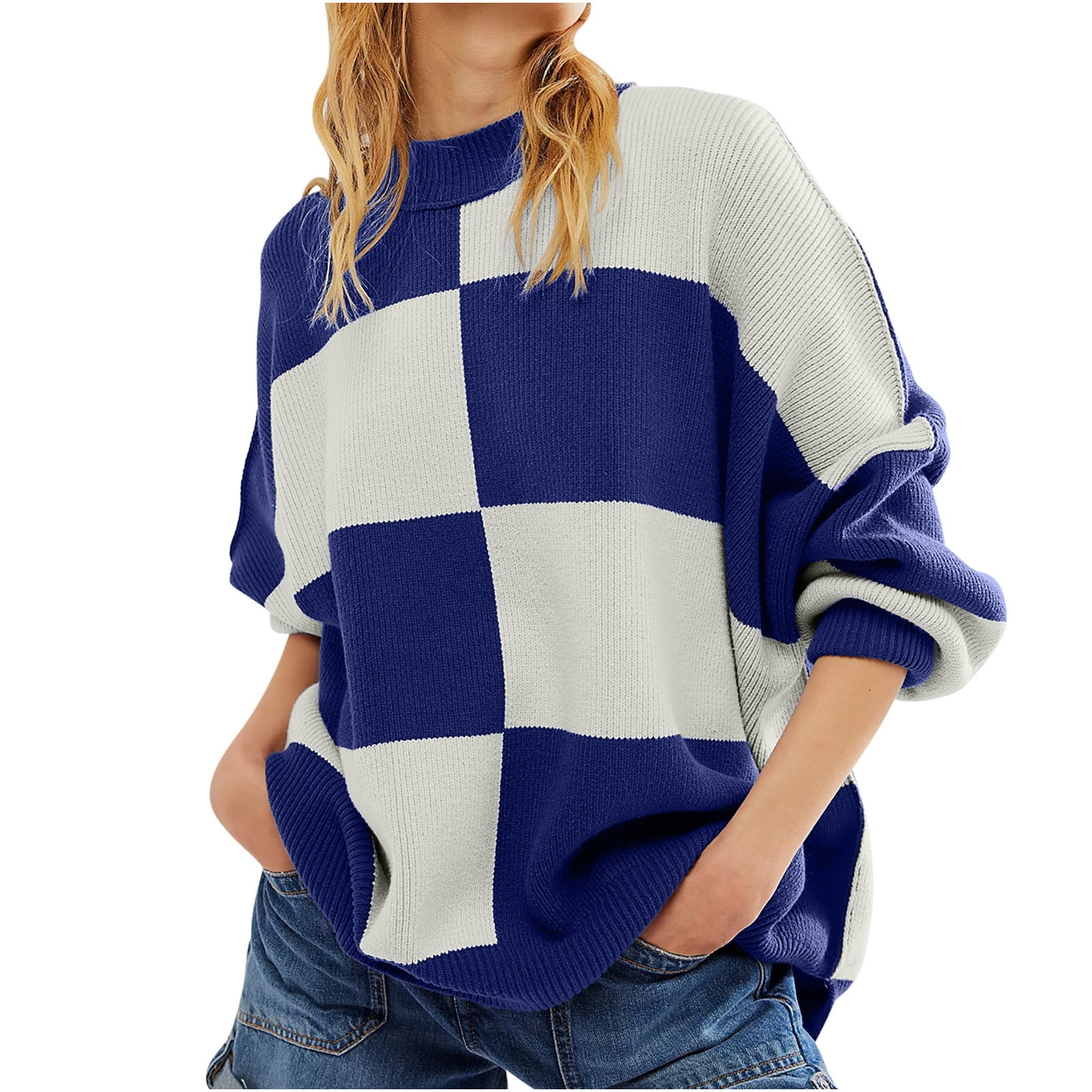 DailyTrove Women's Checkered Knit Sweater, Long Sleeve, Casual Festival & Cultural Event Wear ...