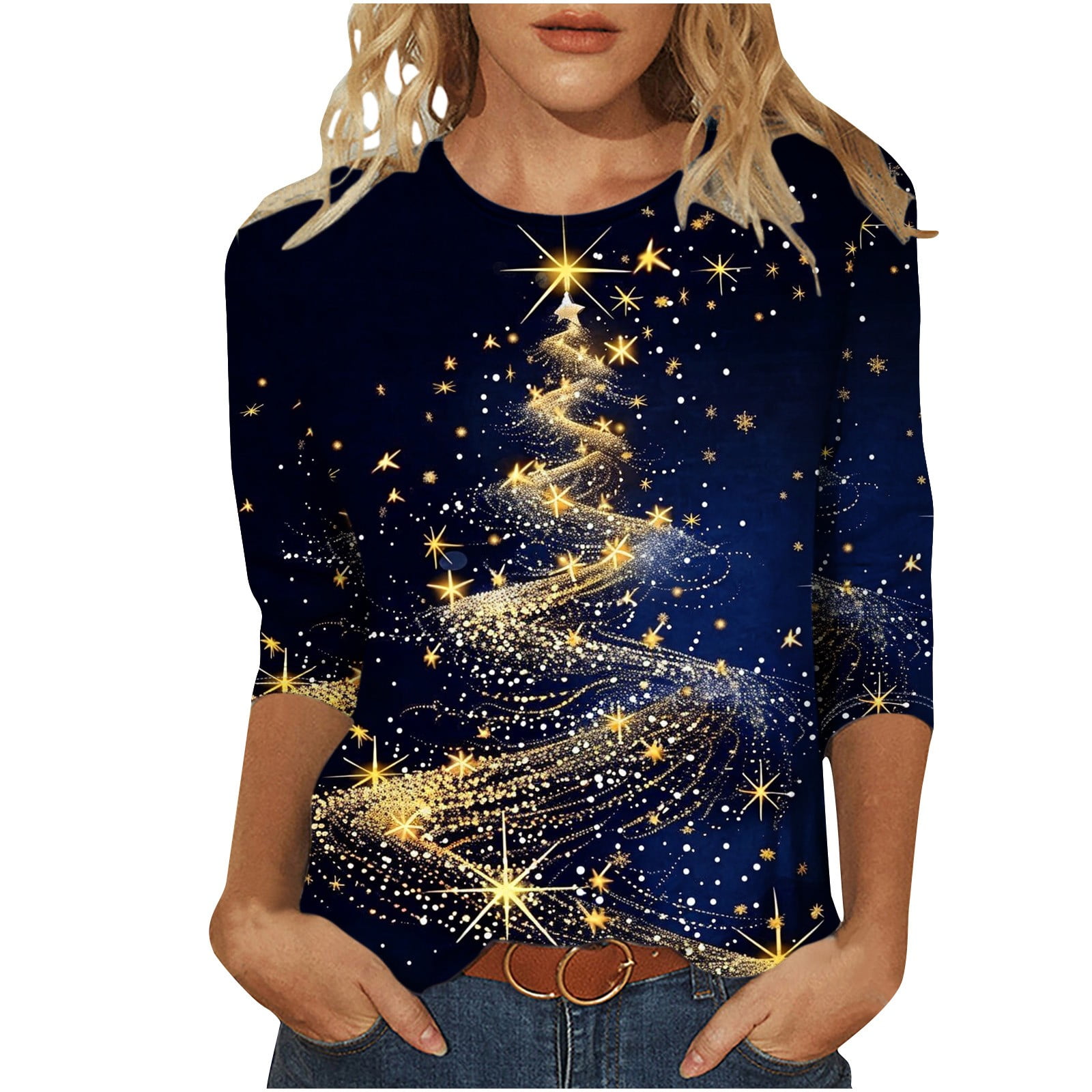 DailyTrove Women's Christmas 3/4 Sleeve Top, Golden Star Tree Print, Magical Fit, Cozy Fabric ...