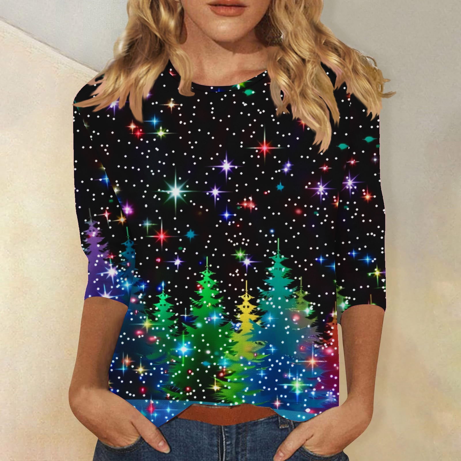 DailyTrove Women's Christmas 3/4 Sleeve Top, Gradient Light - Up ...