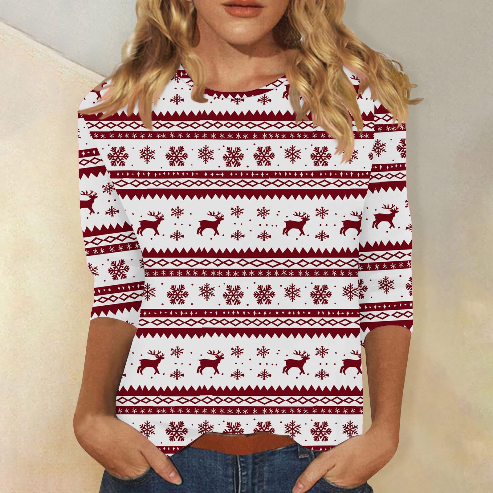 DailyTrove Women's Christmas 3/4 Sleeve Top, Red Plaid Reindeer Pattern ...