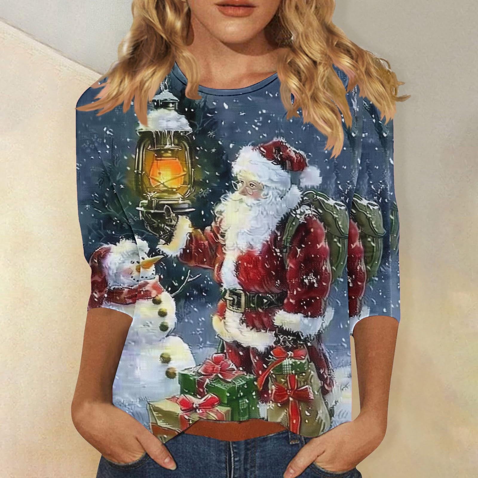 DailyTrove Women's Christmas 3/4 Sleeve Top, Santa Claus in Winter ...