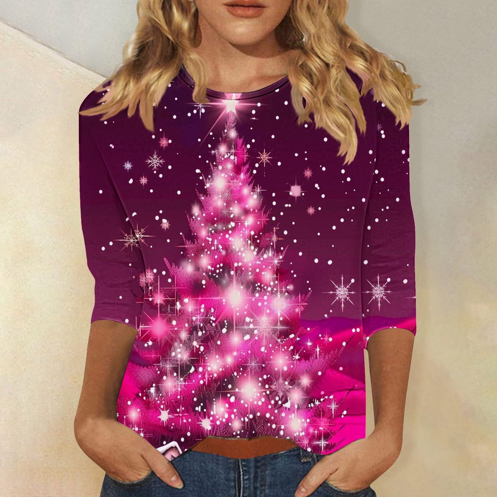 DailyTrove Women's Christmas Long Sleeve Top, Christmas Wreath & "Joy ...