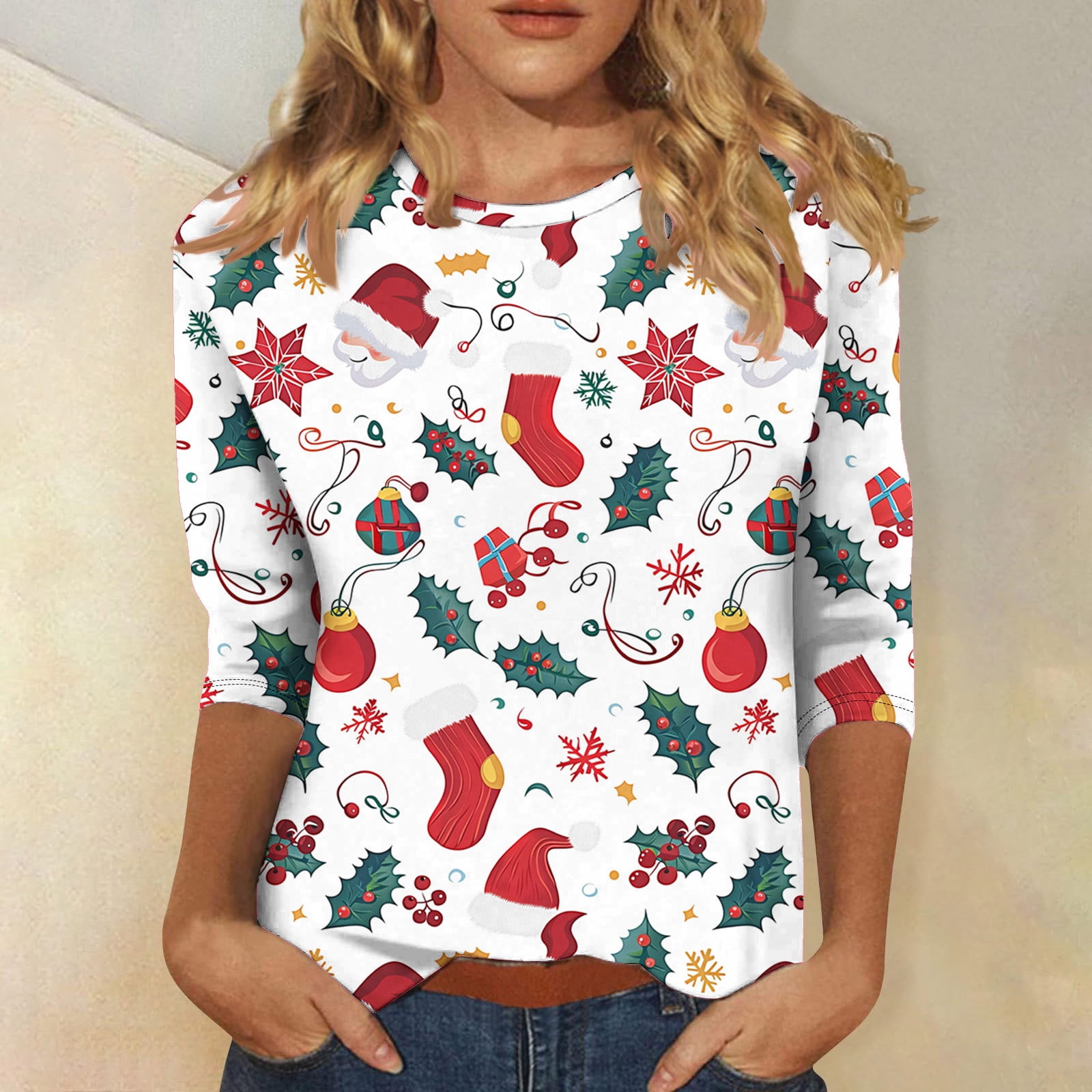 DailyTrove Women's Christmas Long Sleeve Top, Snowman & Tree Print ...