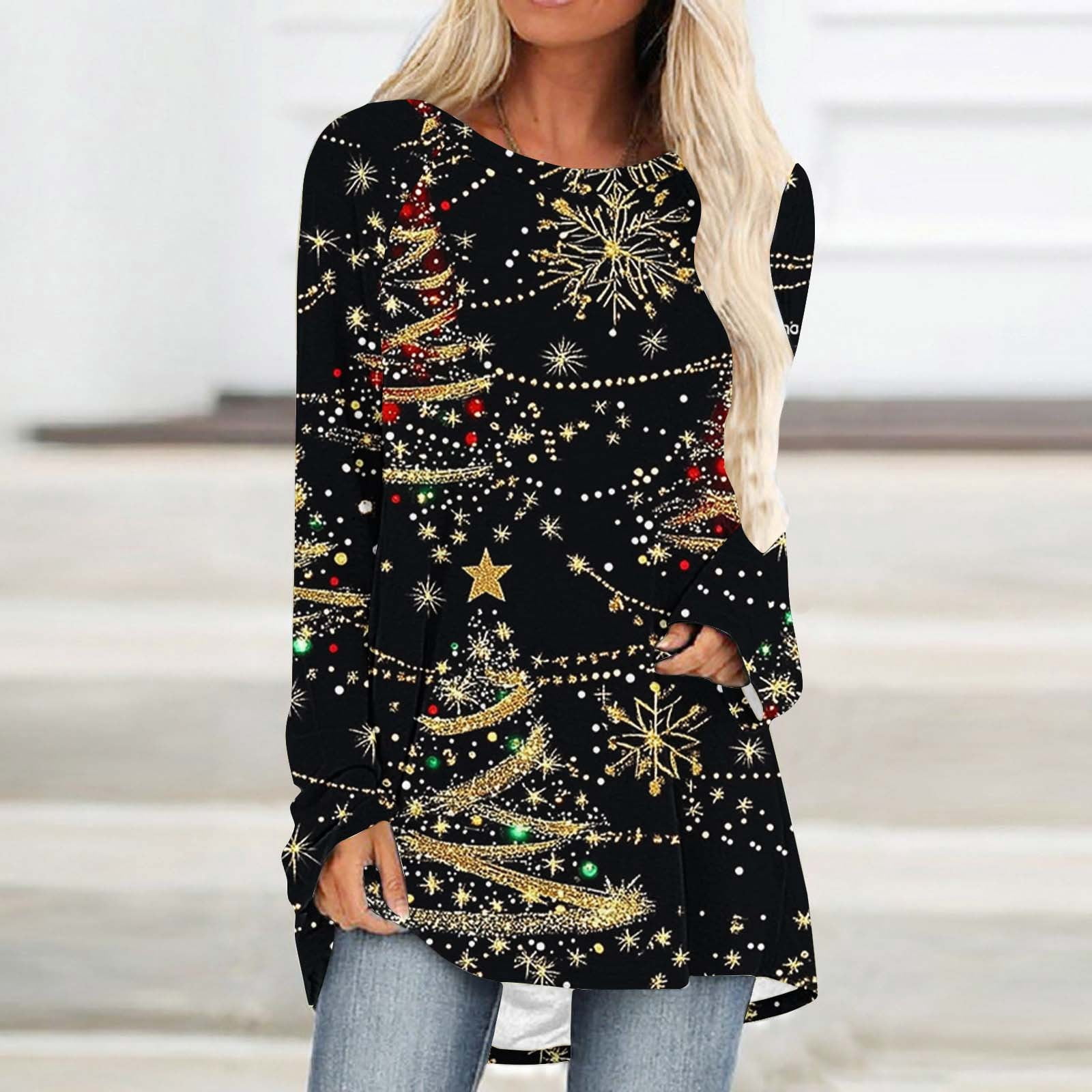 DailyTrove Women's Christmas Long Sleeve Tunic, Gold Snowflake Print ...