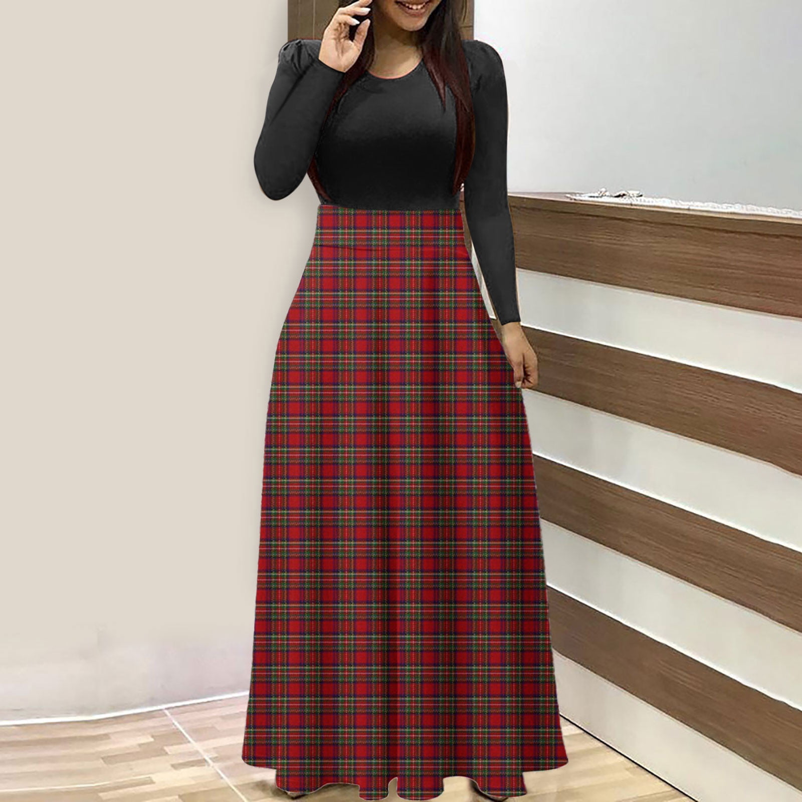 DailyTrove Women's Christmas Plaid Print Maxi Skirts (Multi-Color ...