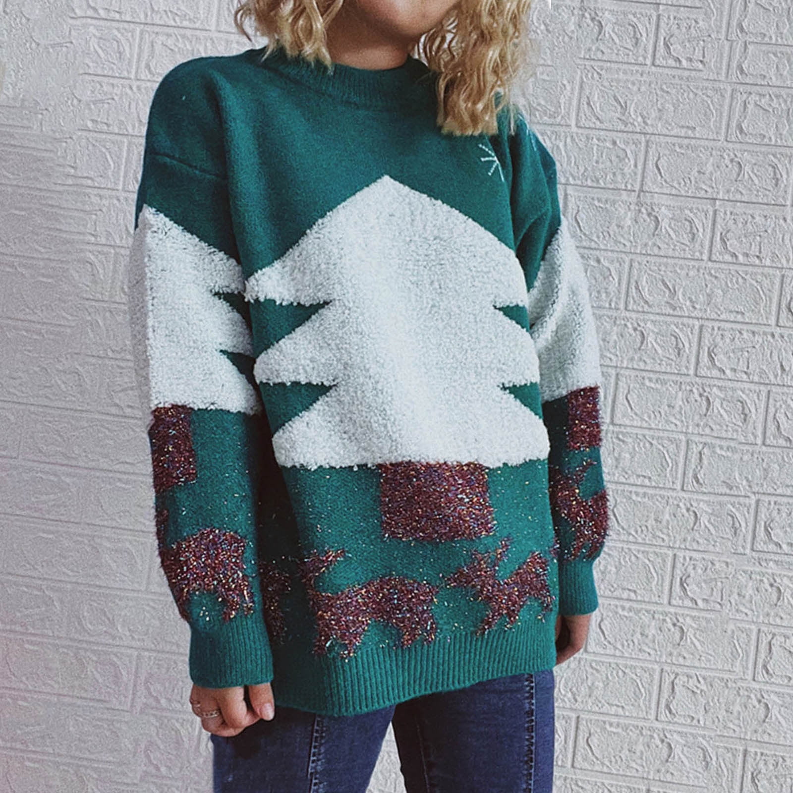 DailyTrove Women's Christmas Theme Knit Sweater, Long Sleeve, Holiday ...