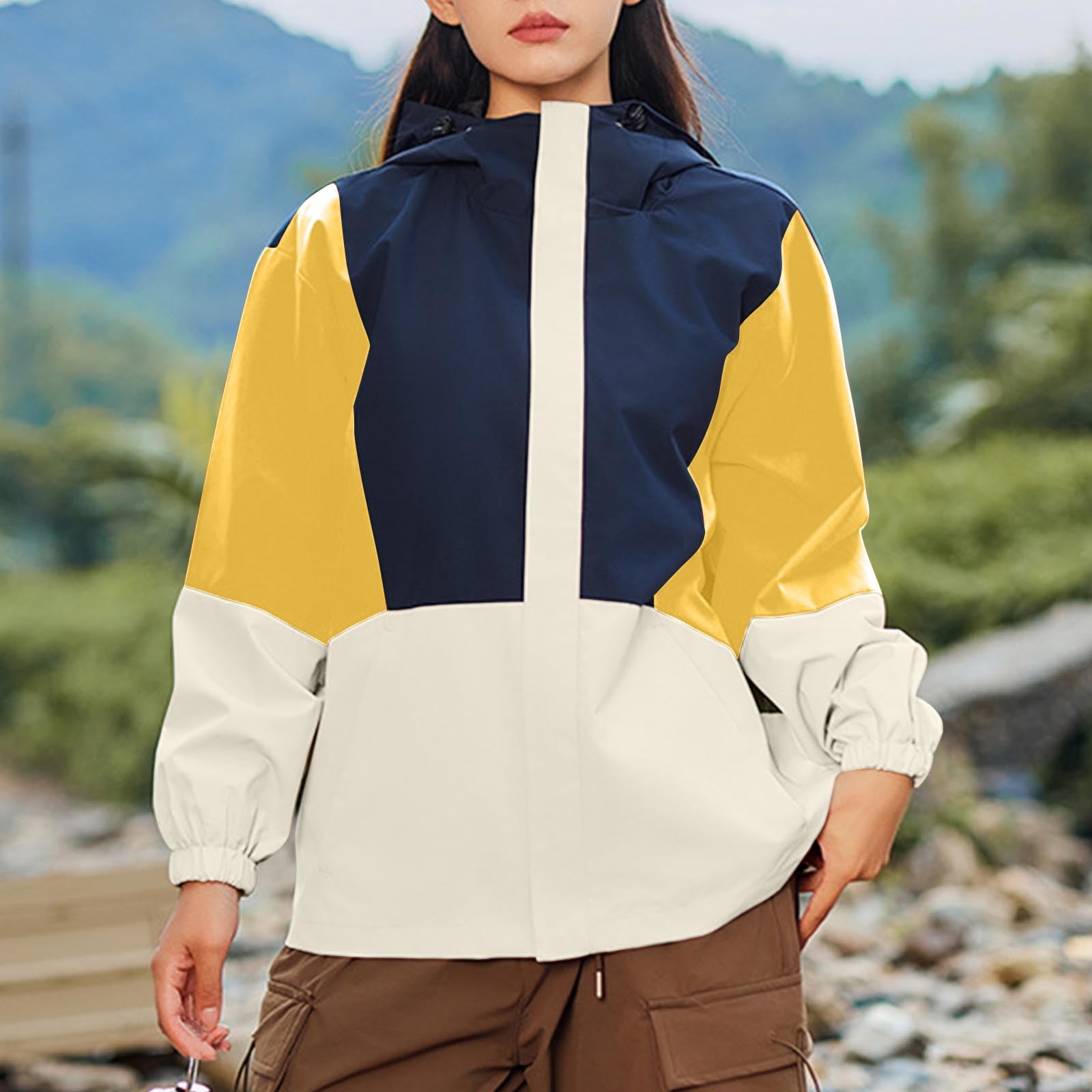DailyTrove Women's Color Block Waterproof Jacket, Long Sleeve, Outdoor ...