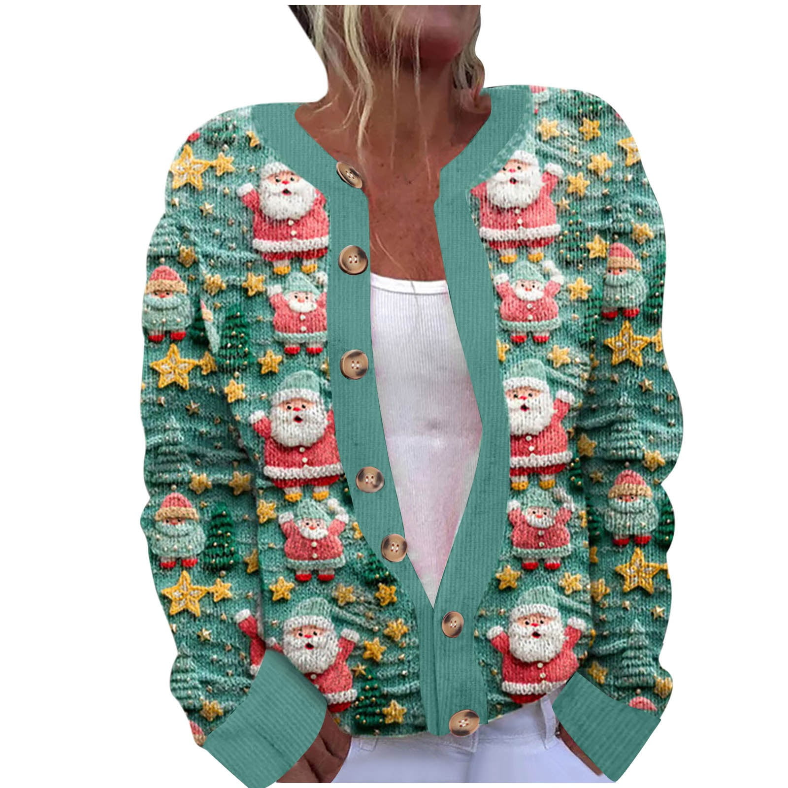 DailyTrove Women's Contrast Button Open Front Cardigan with Santa Print ...