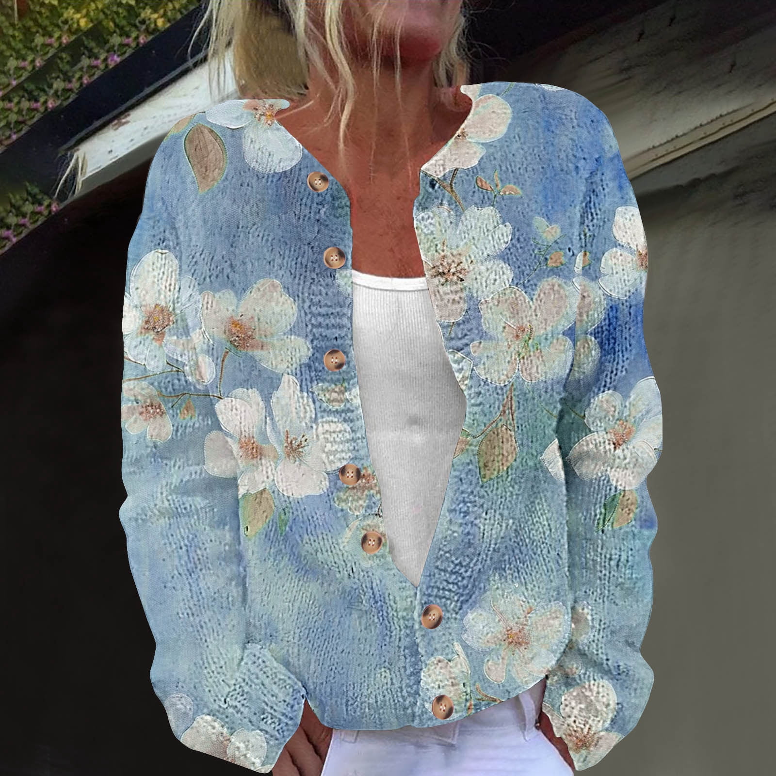 DailyTrove Women's Floral Print Open Front Cardigan, Long Sleeve ...