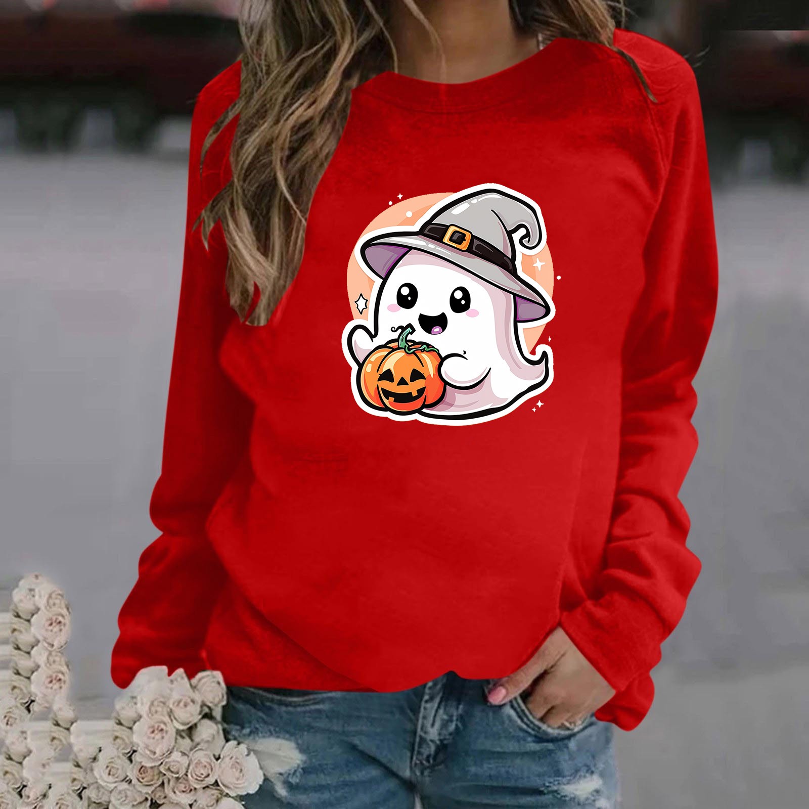 DailyTrove Women's Halloween Long - Sleeve Sweatshirt, Ghost with Witch ...